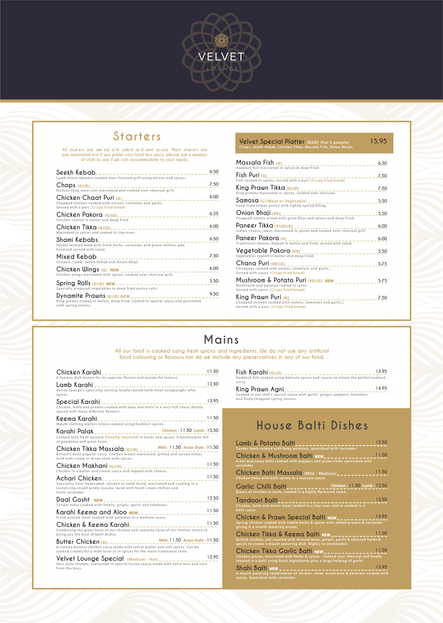 Food Menu - Velvet Lounge, Mirfield