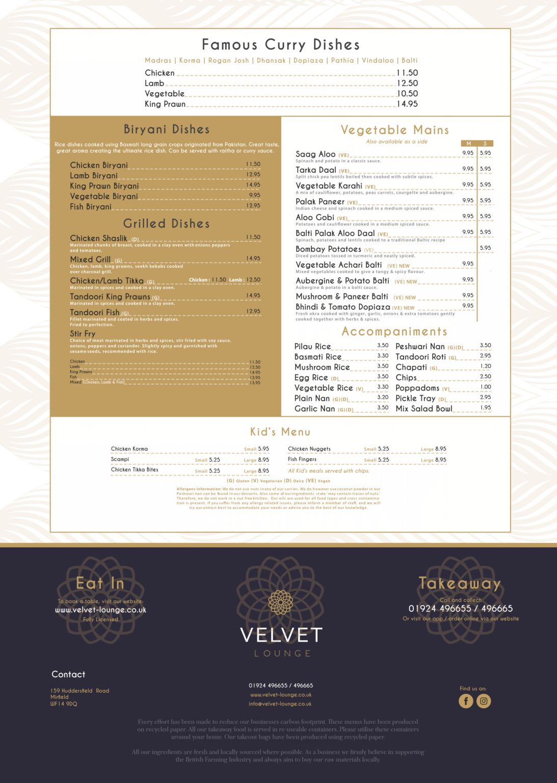 Food Menu - Velvet Lounge, Mirfield