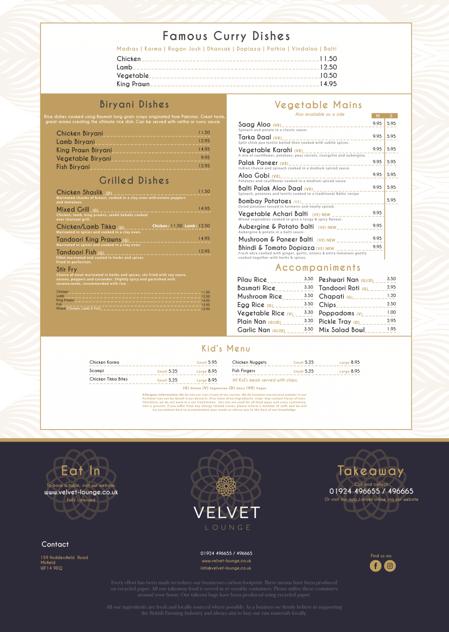 Food Menu - Velvet Lounge, Mirfield
